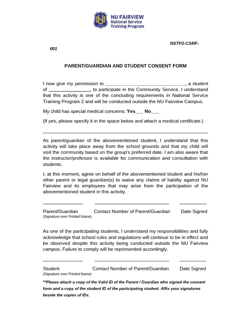 NSTP2-CSRF-001 Parent and Consent Form | PDF