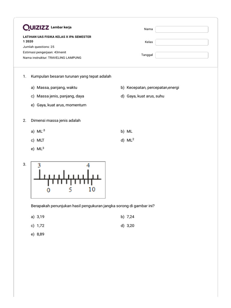 LATIHAN UAS FISIKA KELAS X IPA SEMESTER 1 2020 - Quizizz | PDF