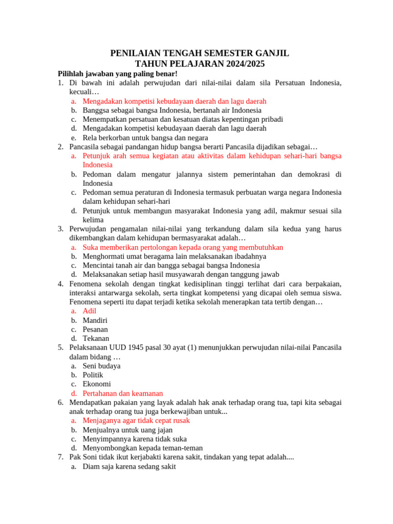 Penilaian Tengah Semester Ganjil PKN | PDF