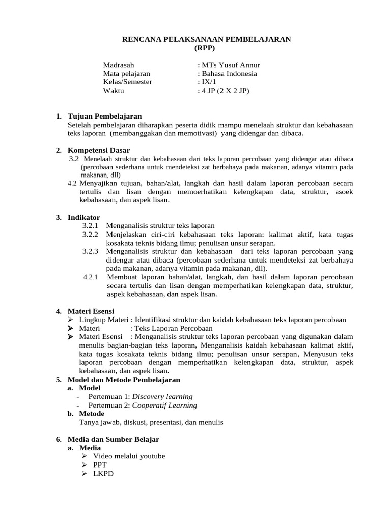 RPP BINDO KD 3.2 (Teks Laporan Percobaan) | PDF