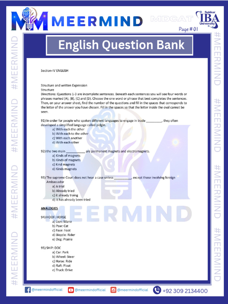 IBA MDCAT - English Question Bank by MeerMind | PDF | English Language ...