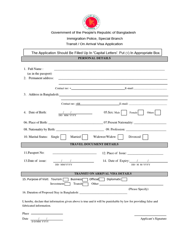 Bangladesh Transit Visa Application Form | PDF