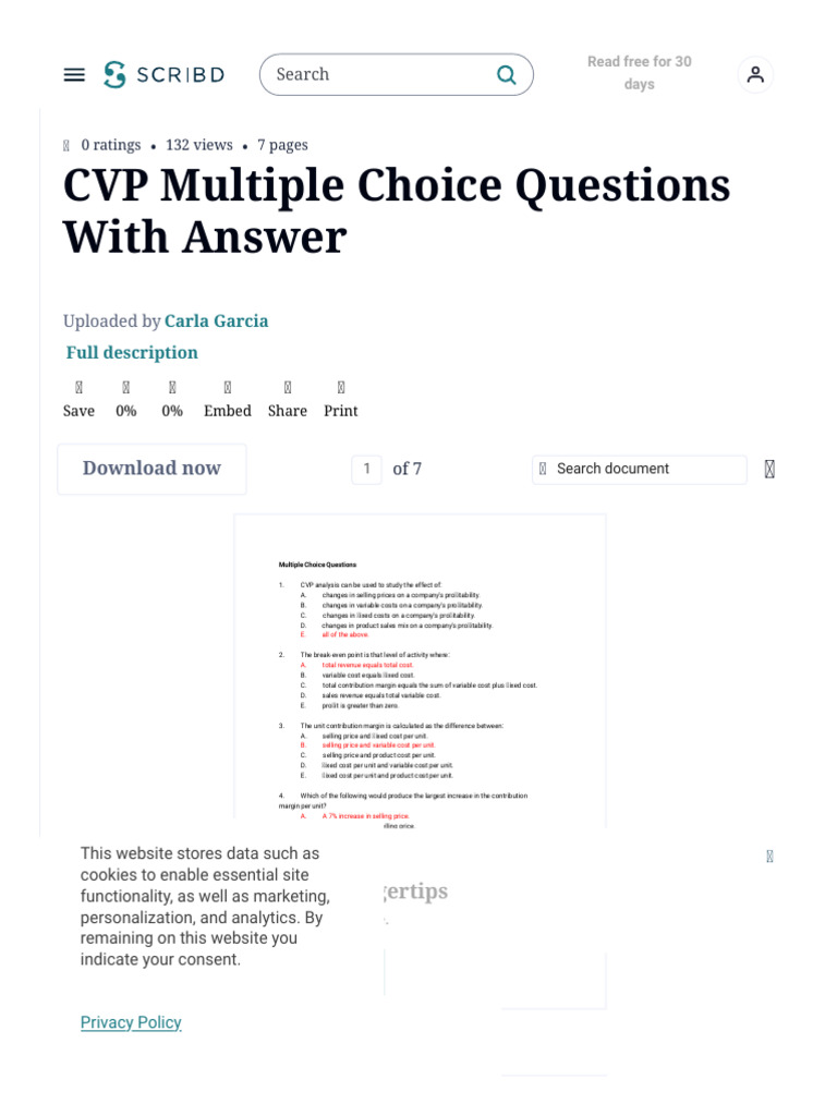 CVP Analysis: MCQs with Answers | PDF | Management Accounting | Economics