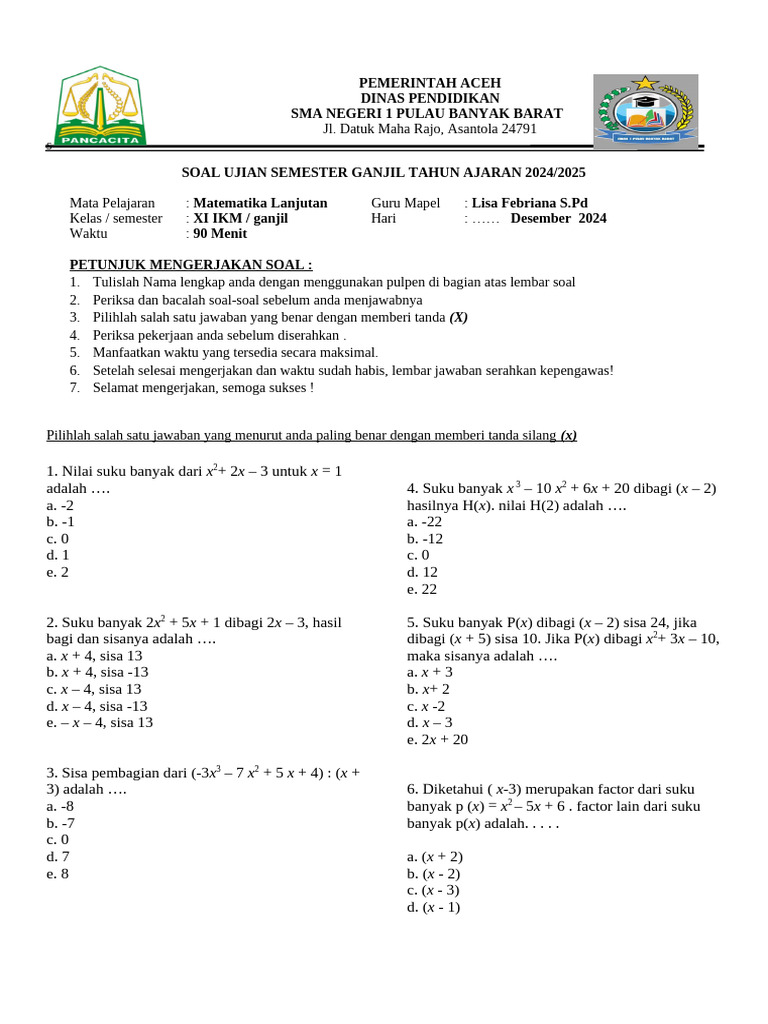 SOAL KLS XI MTK LANJUTAN GANJIL 2024-2025 Ok | PDF