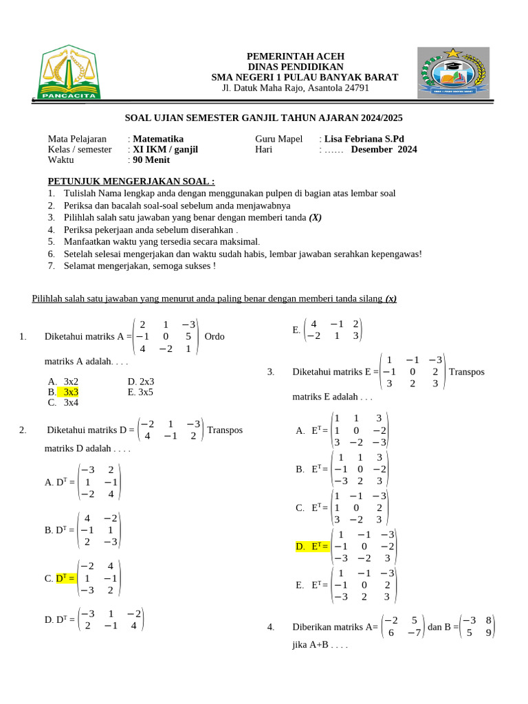 Soal Kls Xi MTK Umum Ganjil 2024-2025 | PDF
