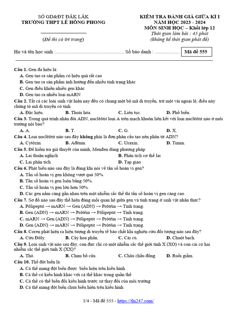 De Giua Hoc Ki 1 Sinh Hoc 12 Nam 2023 2024 Truong THPT Le Hong Phong Dak Lak | PDF