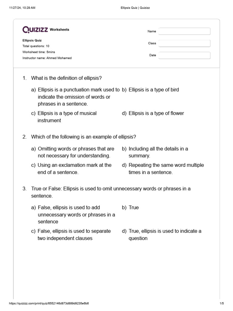 Ellipsis Quiz - Quizizz - AK | PDF | Ellipsis | Text