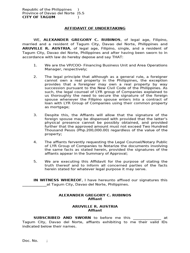 Affidavit of Undertaking in Tagum City | PDF | Affidavit | Notary Public
