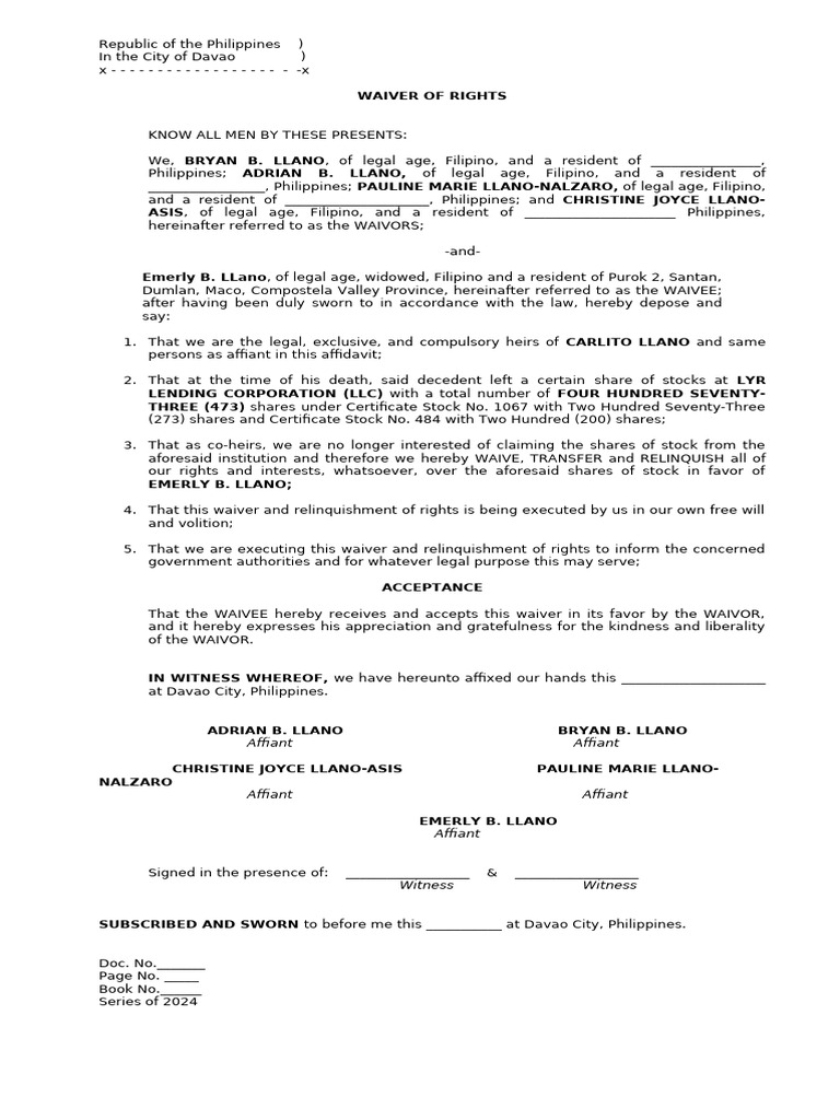 Waiver and Relinquishment of Rights | PDF | Affidavit | Civil Procedure