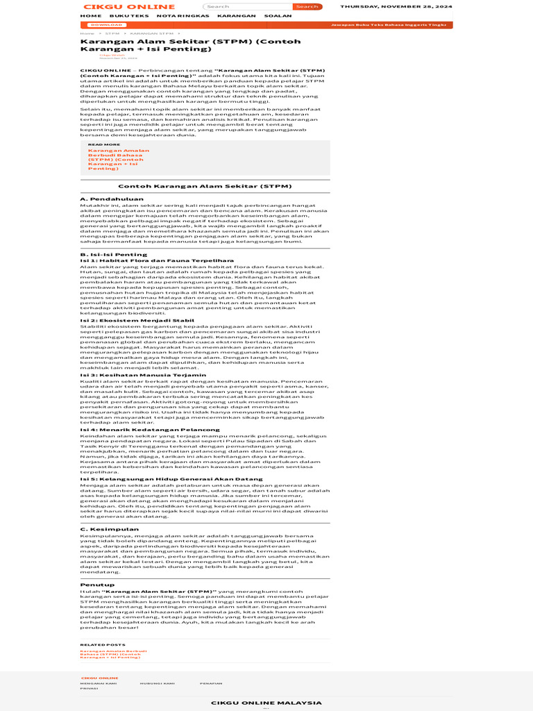 Karangan Alam Sekitar (STPM) (Contoh Karangan + Isi Penting) | PDF