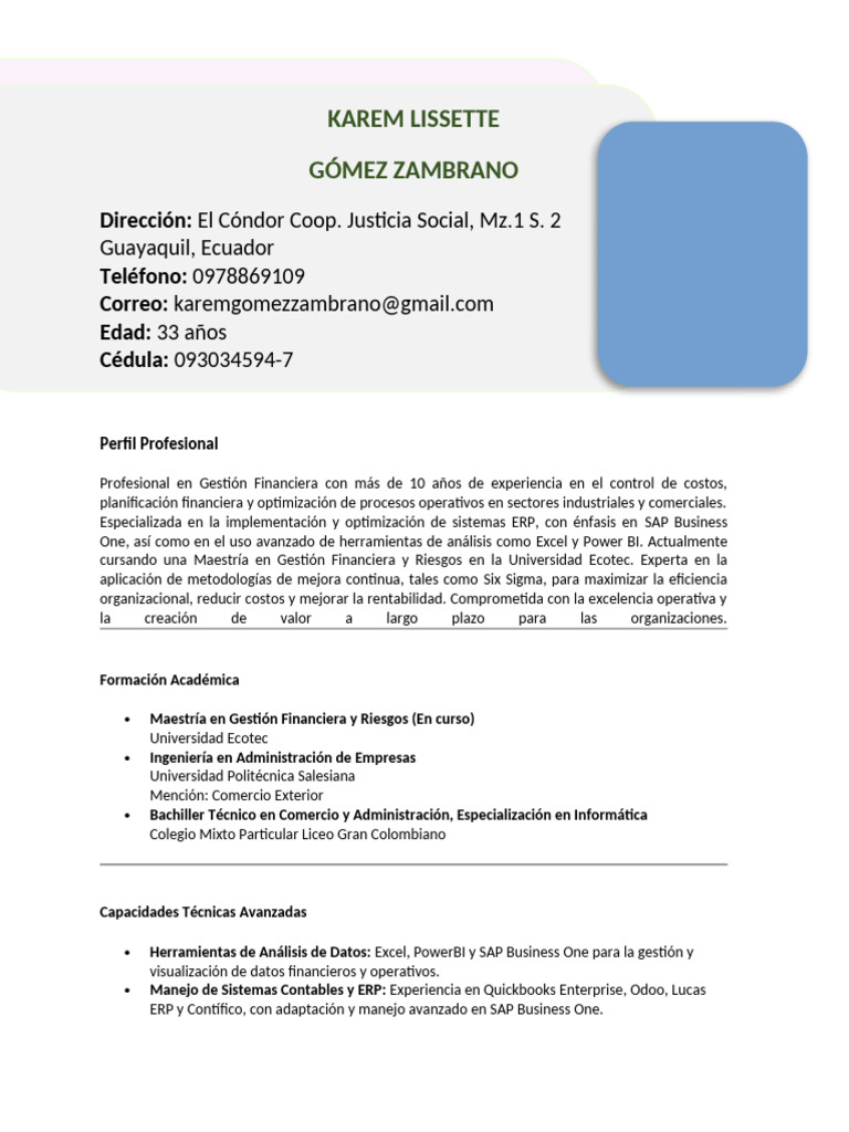 Karem Lissette Gómez Zambrano CV | PDF | Planificación de recursos empresariales | Presupuesto