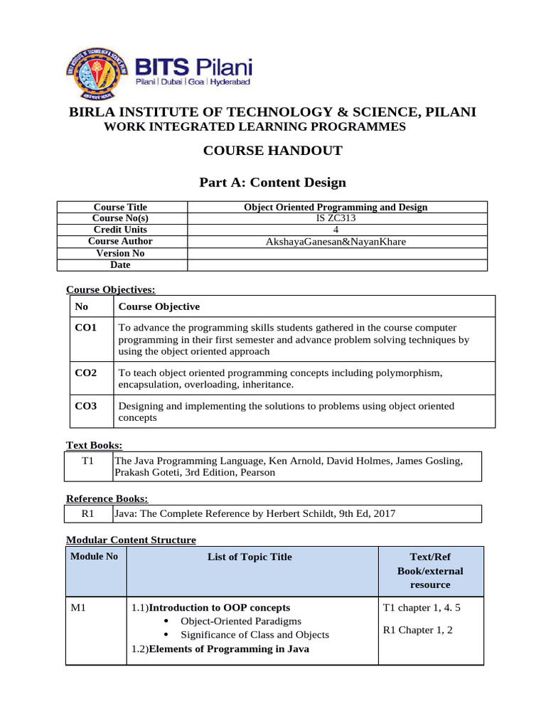 Coursehandout Object Oriented Programming And Design Pdf Method Computer Programming
