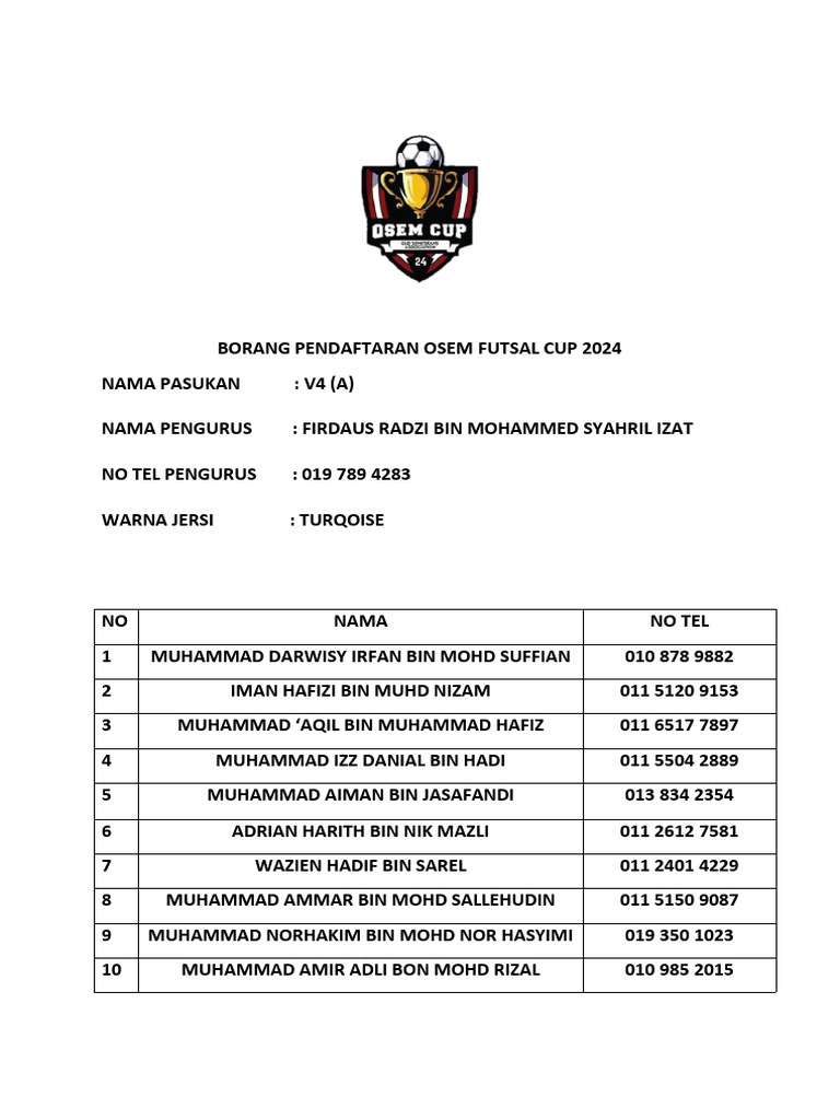 Borang Pendaftaran Osem Futsal Cup 2024 Team A | PDF