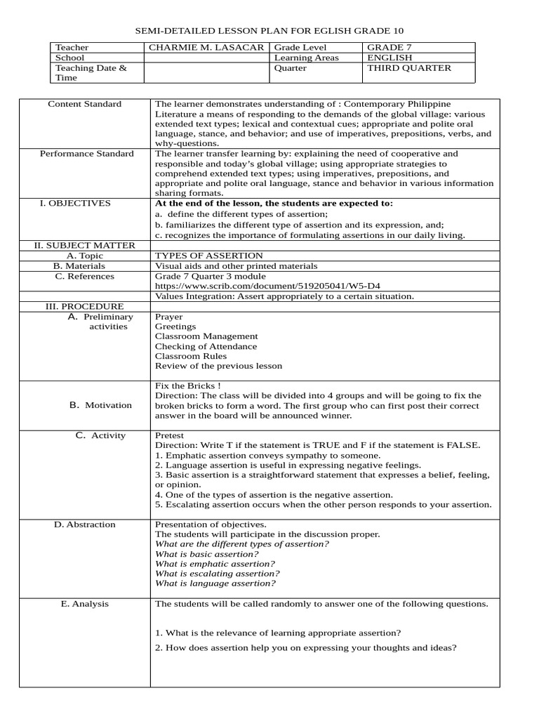 LP - Grade 7 TYPES OF ASSERTION | PDF | Learning | Cognition