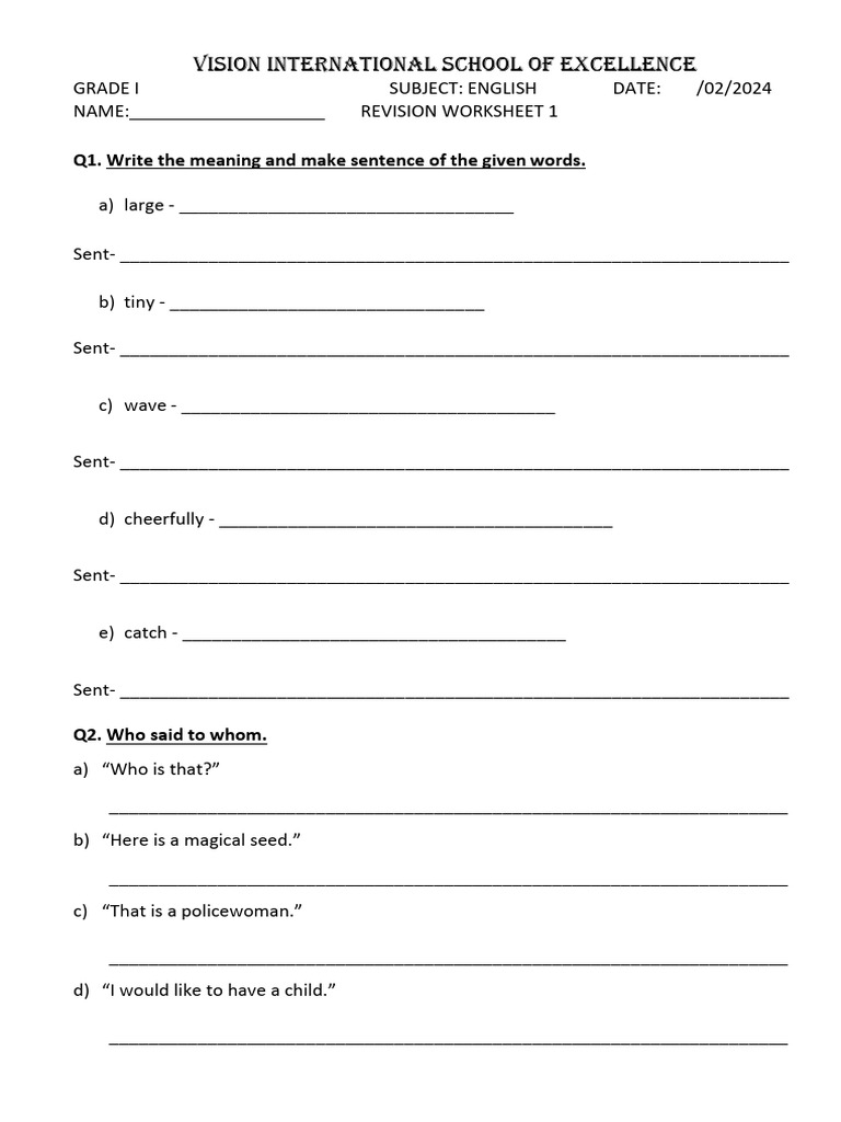 Grade 1 English Revision Worksheet | PDF