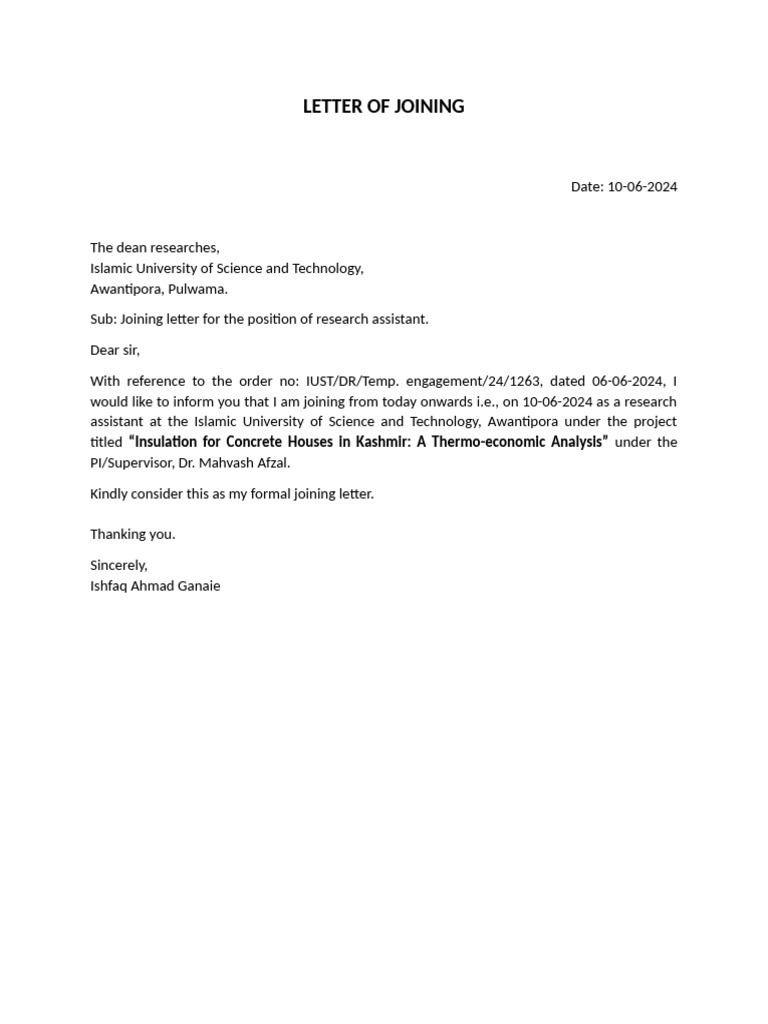 Research Assistant Joining Letter | PDF