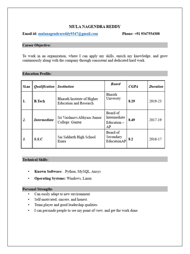 Email Id: Phone: +91 9347554308 Career Objective:: Mula Nagendra Reddy | PDF | Computing