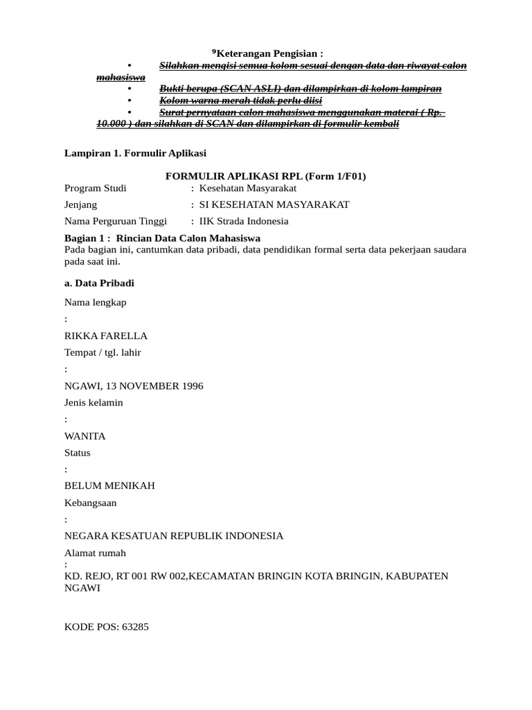 RPL Formulir Evaluasi Diri Mata Kuliah Kesehatan Masyarakat | PDF