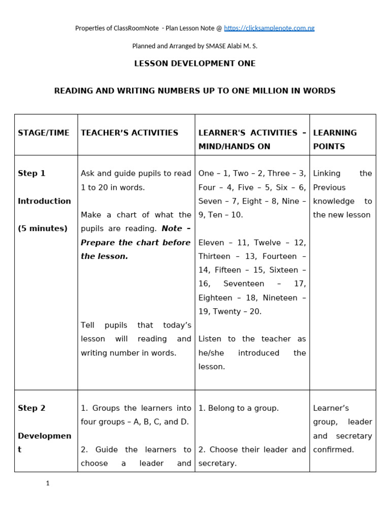Writing Numbers in Words Lesson Plan | PDF | Teaching | Cognitive Science