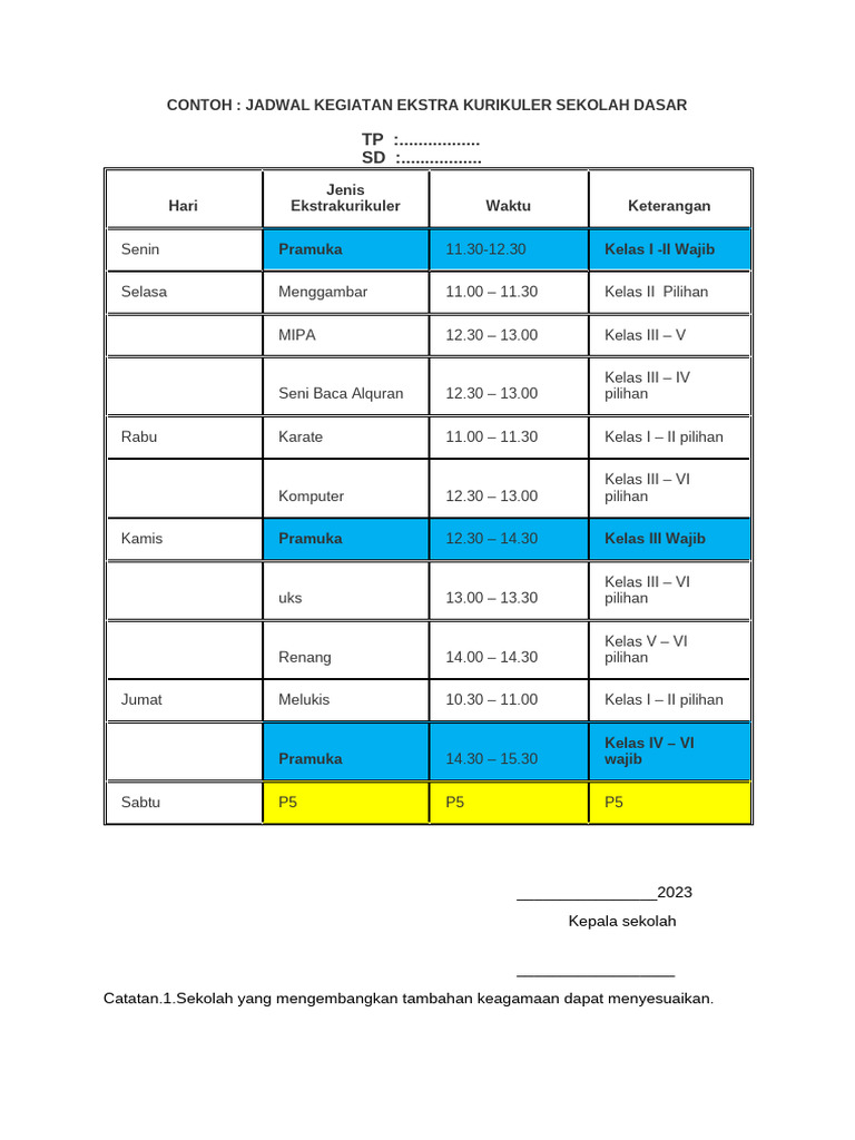 Contoh Jadwal Kegiatan Ekstra Kurikuler Sekolah Dasar | PDF