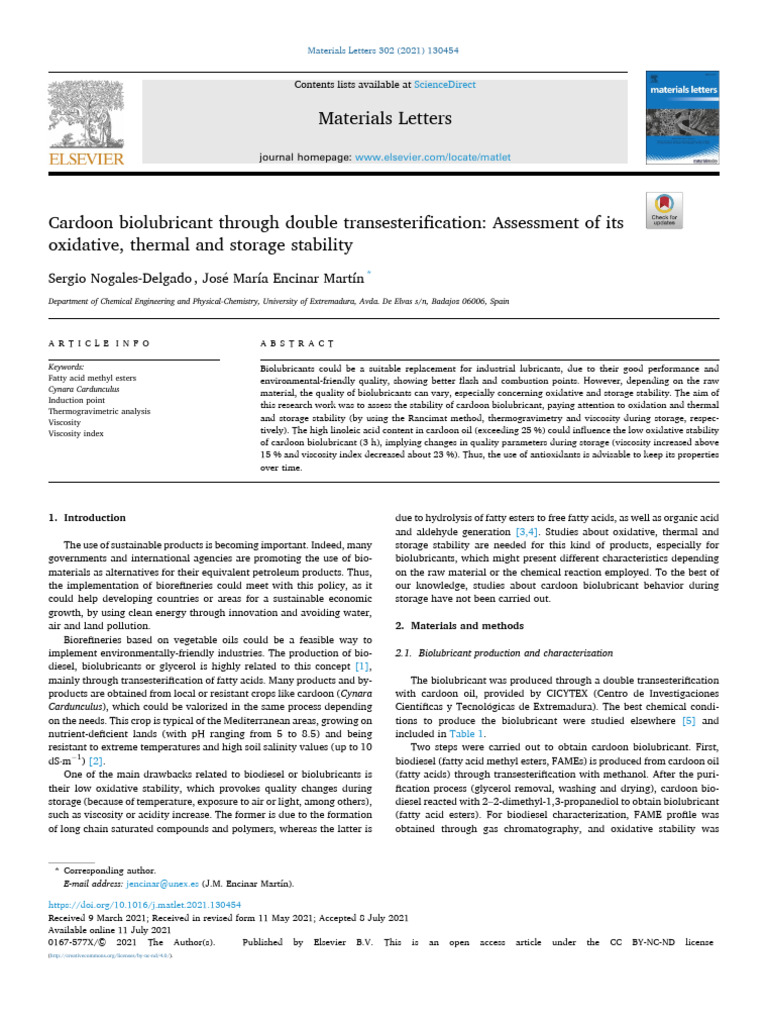 2021 Cardoon Biolubricant Through Double Transesterification Assessment ...