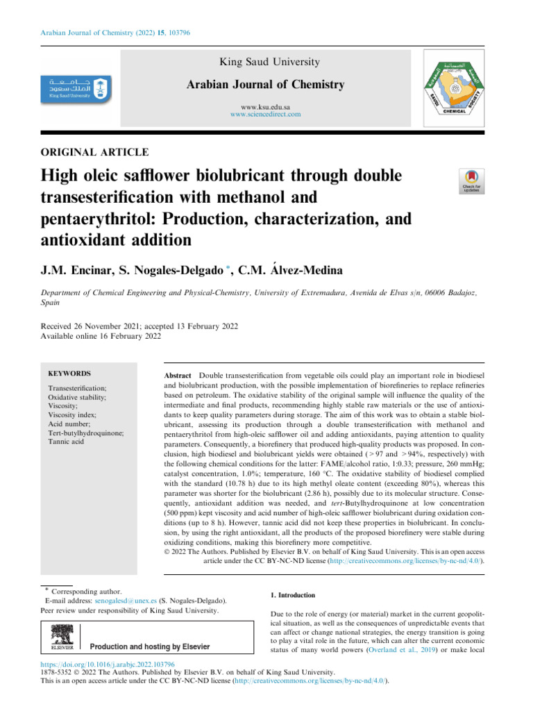 2022 High Oleic Safflower Biolubricant Through Double ...