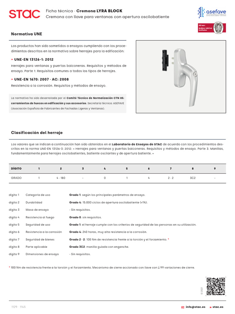Carpintería Metálica - Ficha Técnica - Cremona Con Llave - Stac - Lyra | PDF