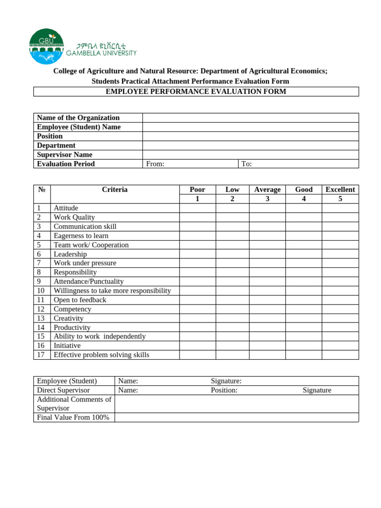 Student Performance Evaluation Form | PDF