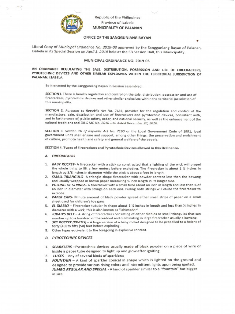 Municipal Ordinance No. 2019 03 AN ORDINANCE REGULATING THE SALE ...