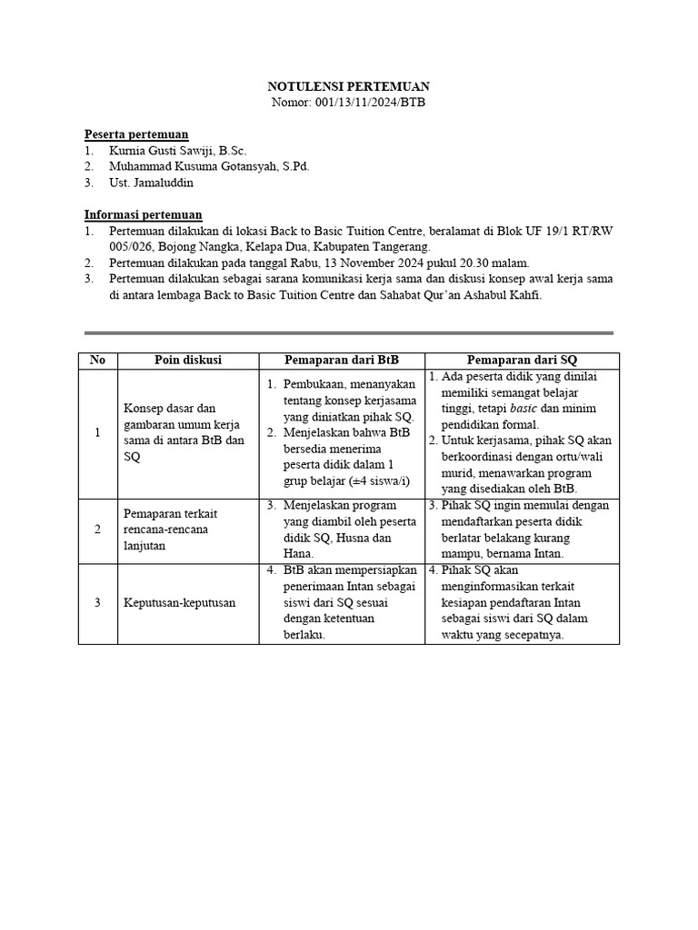 Notulensi Pertemuan BTB SQ | PDF