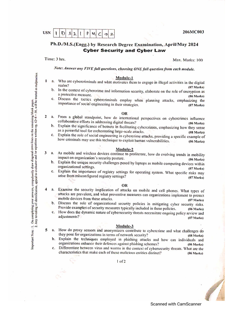 Cyber Security 2024 Question Paper | PDF