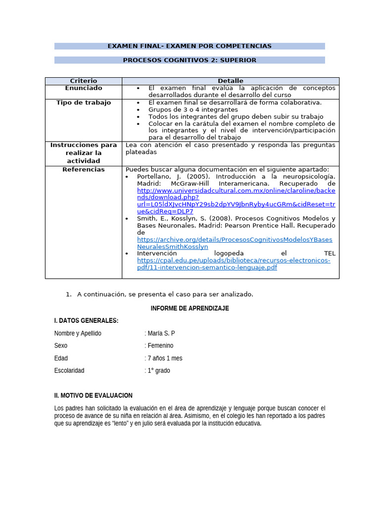 Exmen Final-Evaluación Final Procesos Cognitivos | PDF | Memoria | Atención