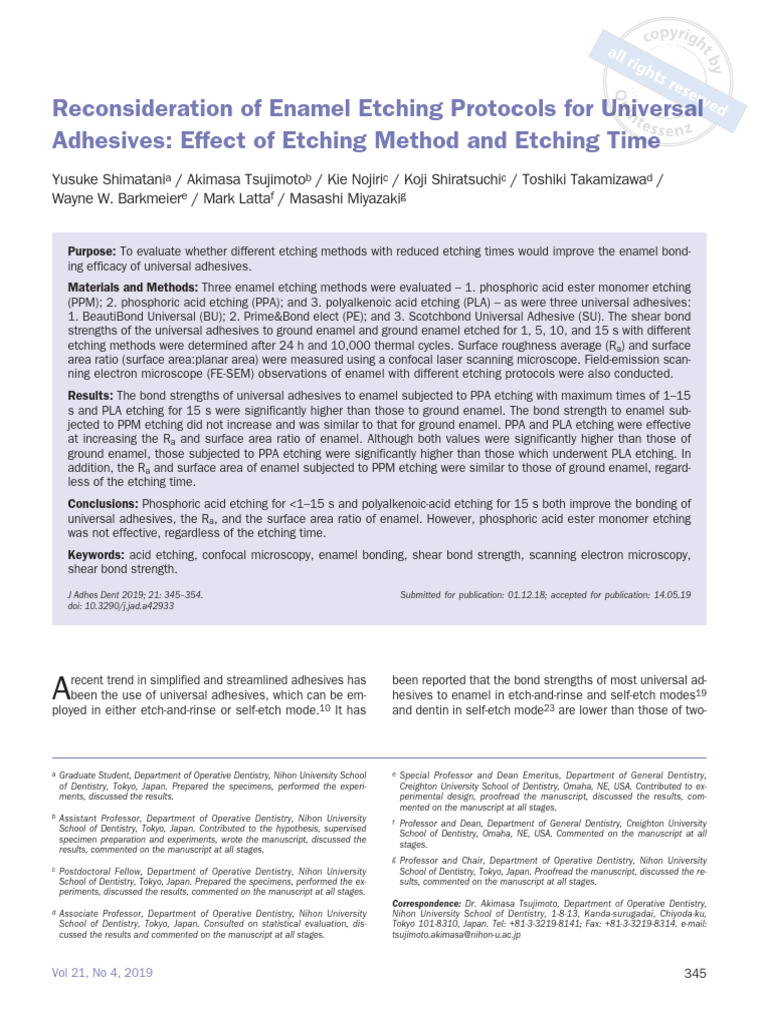 Reconsideration of Enamel Etching Protocols For Universal Adhesives: Effect of Etching Method ...