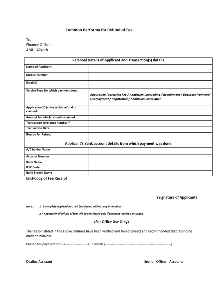 AMU Fee Refund Form Template | PDF