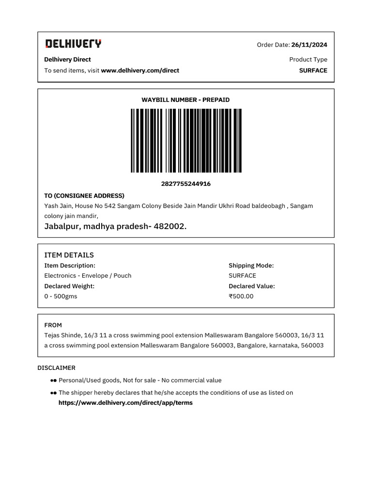 Delhivery Direct Shipping Notice | PDF