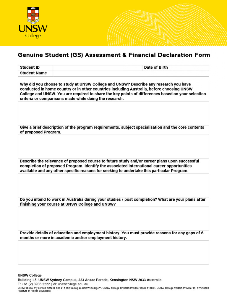UNSW College Genuine Student Assessment | PDF | Cost Of Living | Science