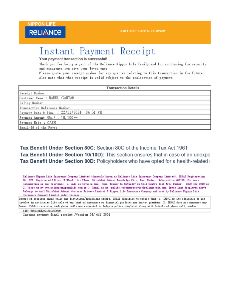 Reliance Nippon Life Payment Receipt | PDF