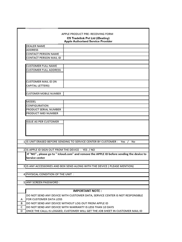 Apple Dealer Pre Receiving Form-1 | PDF