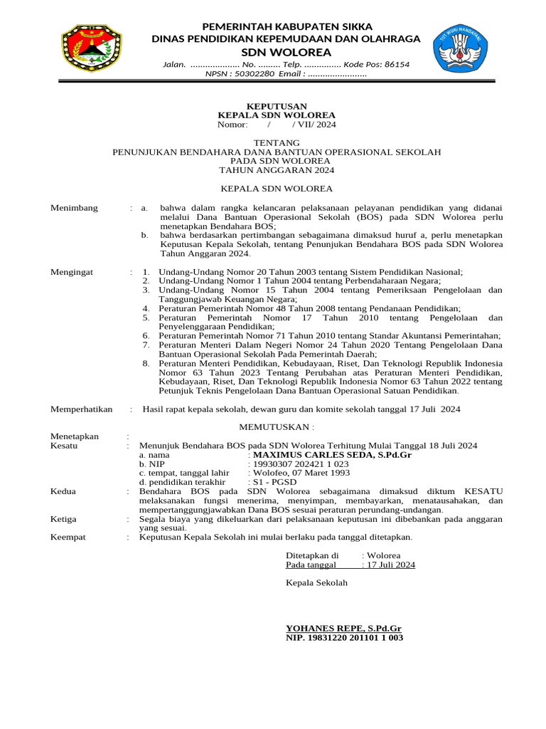 Contoh SK Bendahara BOSP Terbaru 2024 | PDF
