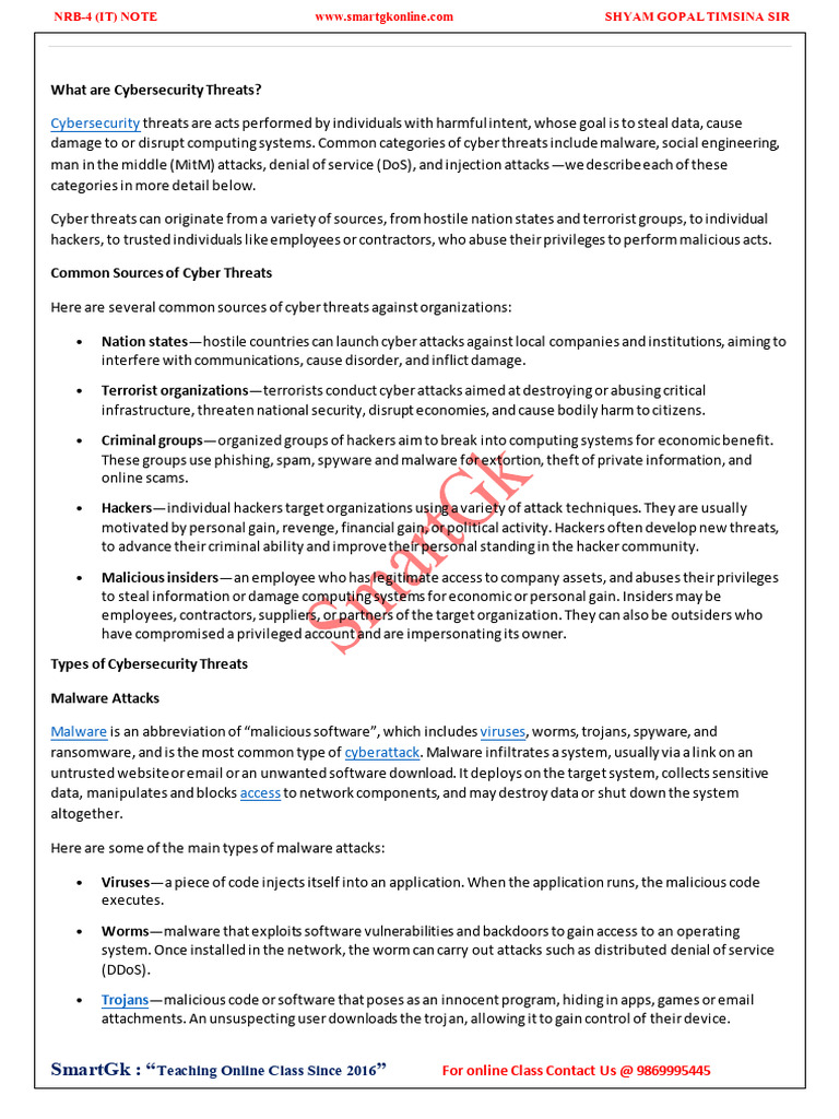 Cybersecurity Threats Pdf Denial Of Service Attack Malware