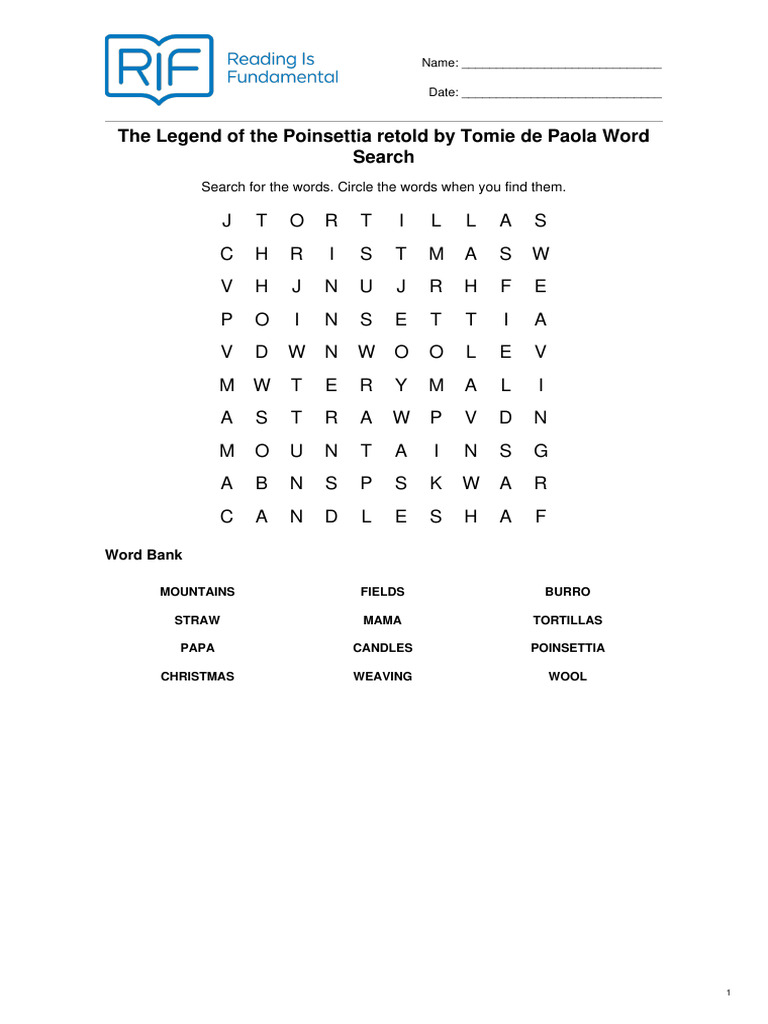 Word Search - The Legend of The Poinsettia - Tomie de Paola | PDF