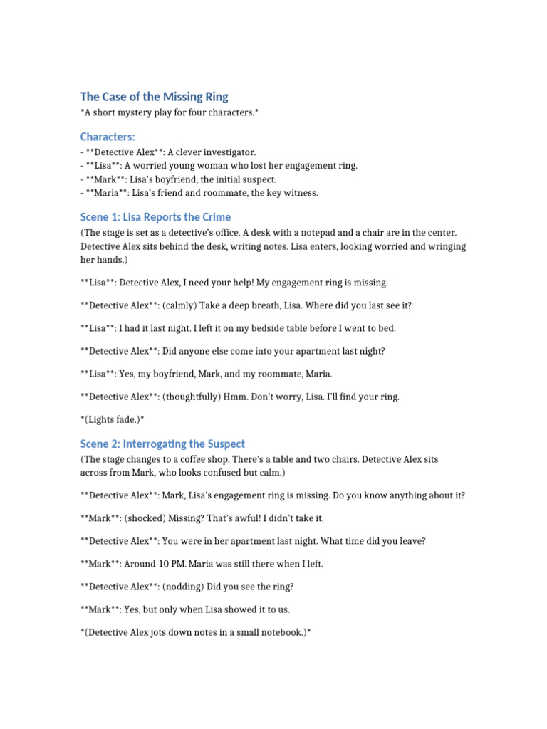 Missing Engagement Ring Mystery Play | PDF | Detective