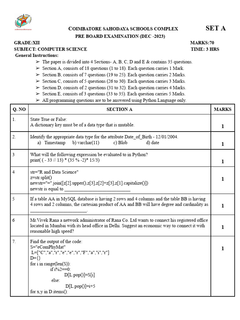 Xii Cs Preboard QP Set A Cbessc | PDF | Argument | Computing