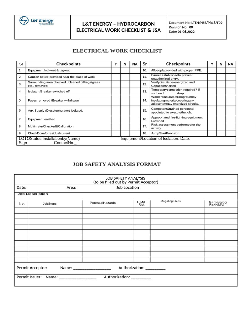 04 Electrical Checklist N JSA | PDF | Occupational Safety And Health ...