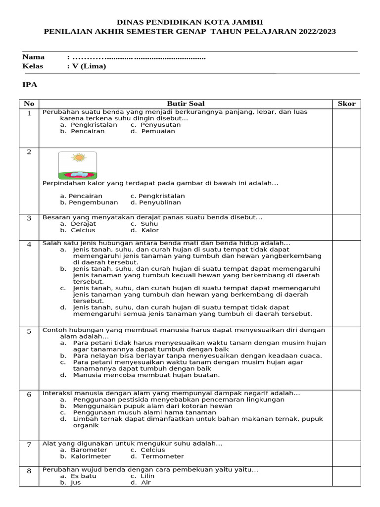 SOAL PAS IPA Kelas 5 | PDF