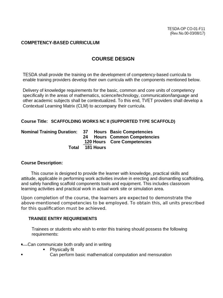 Scaffolding Works NC Ii | PDF | Occupational Safety And Health | Curriculum