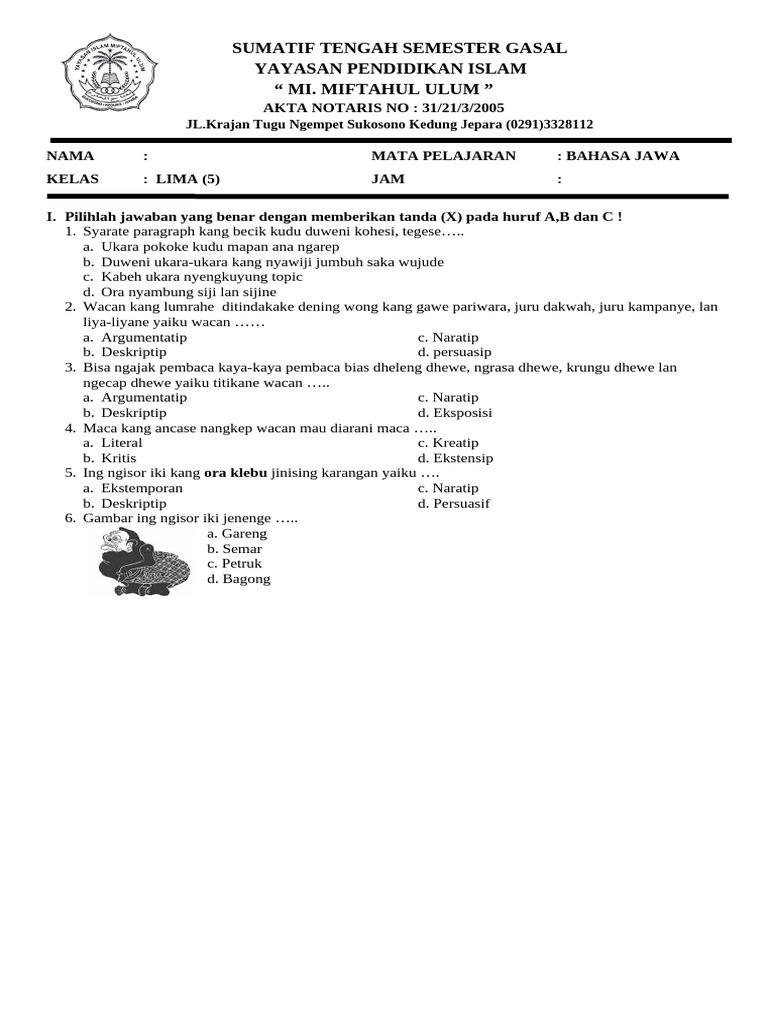 Soal Bu Rifa Bahasa Jawa 2024 Mid Semester 1 | PDF