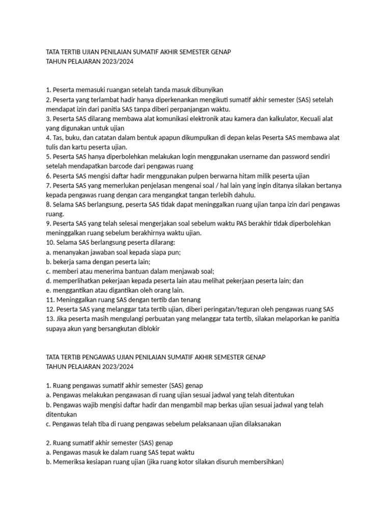 Tata Tertib Ujian Penilaian Sumatif Akhir Semester Genap | PDF