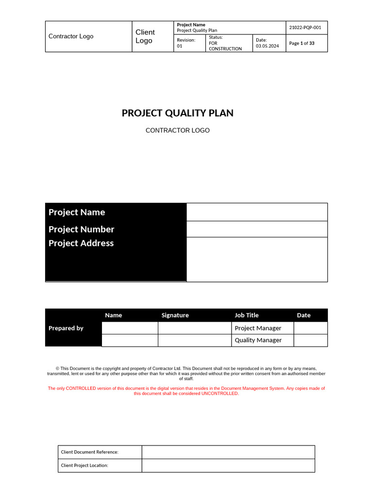 Project Quality Plan Example V2 | PDF | Specification (Technical Standard) | Calibration