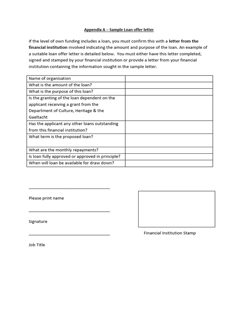 Letter From The Financial Institution: Appendix A - Sample Loan Offer ...